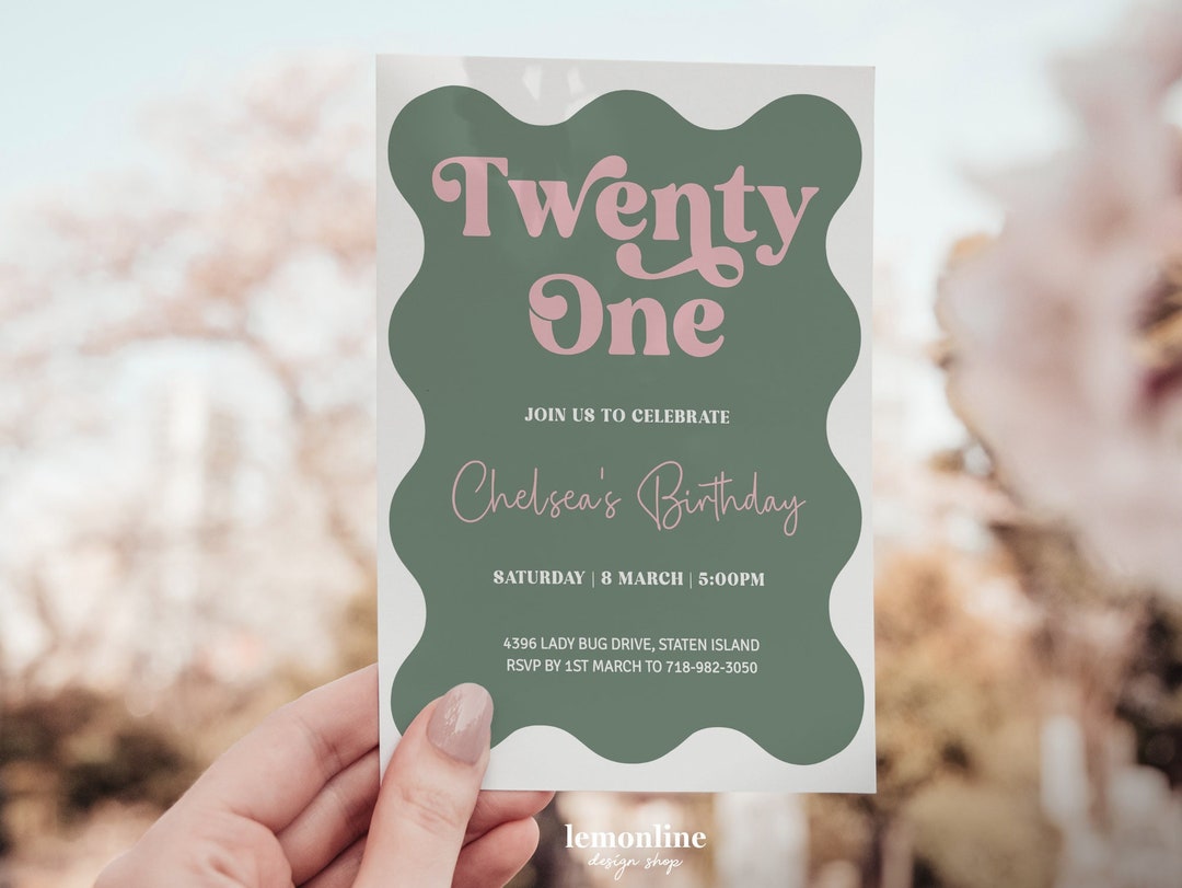 Editable Wavy Invitation, 21st Birthday Invite, Sage Green Invite, Pink ...