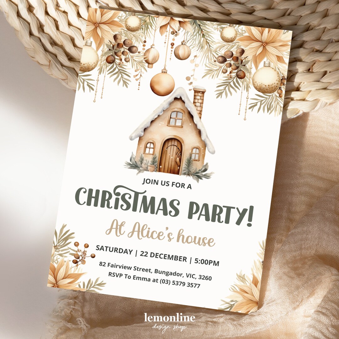 Editable Boho Theme Christmas Invitation, Neutral Boho Christmas Party ...