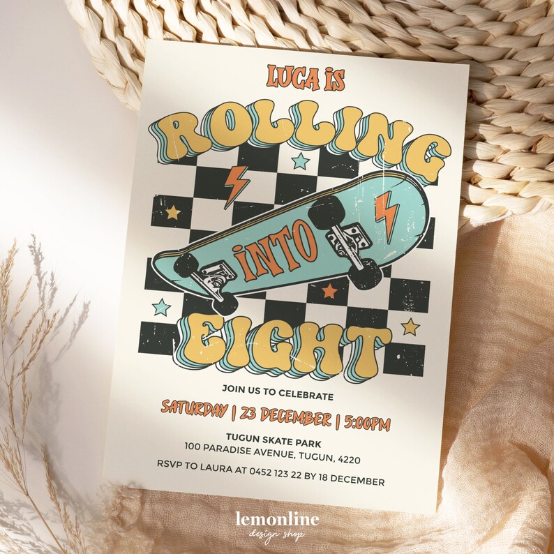 Rolling Into Eight Invitation, 8th Birthday Skate, Skating Board ...