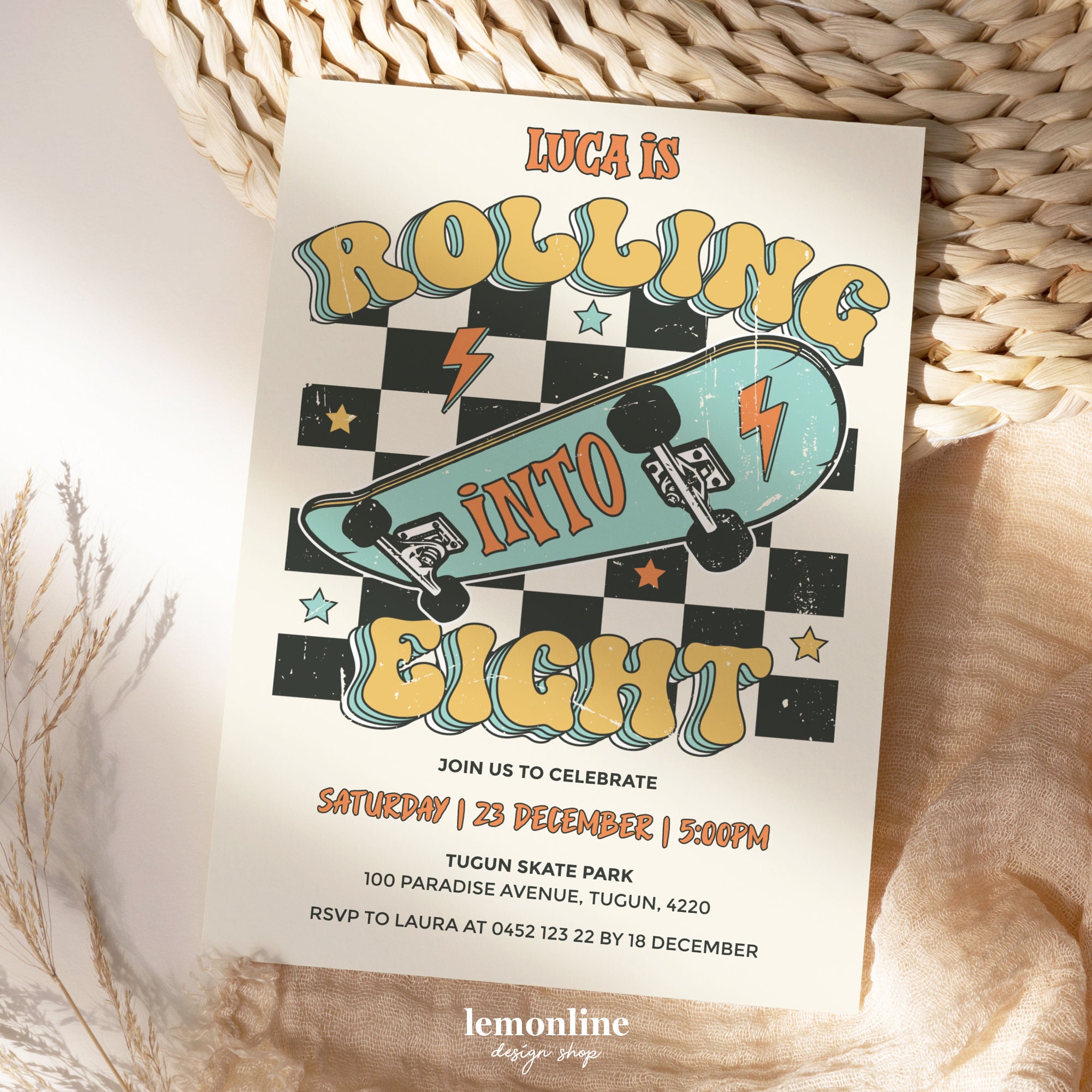 Rolling Into Eight Invitation, 8th Birthday Skate, Skating Board ...