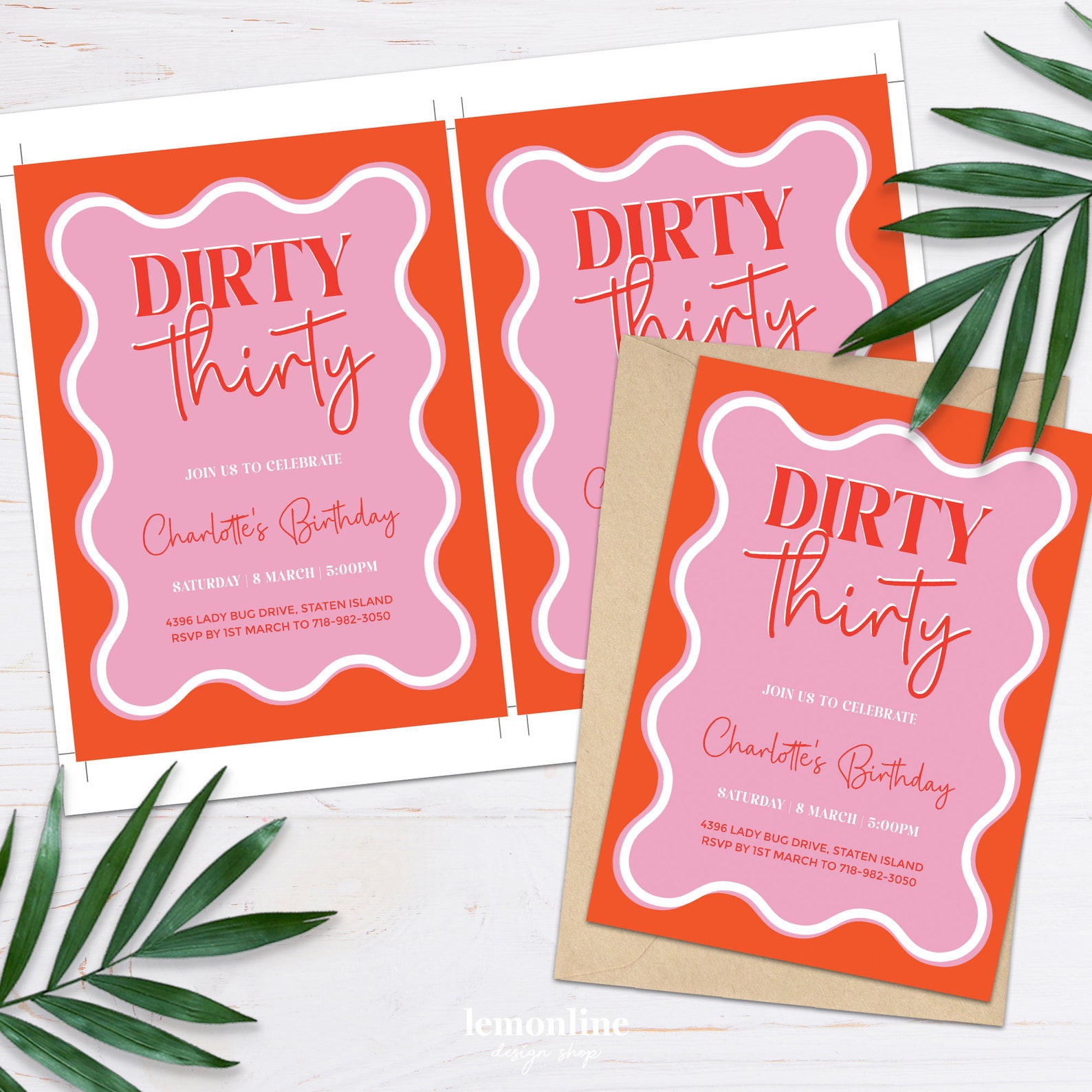 Editable Wavy Invitation, Red Pink Orange, Wavy Border Invitation, Pink ...