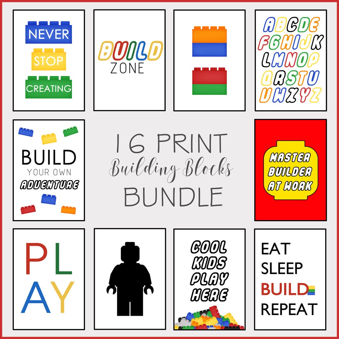 16 Print Building Blocks Bundle Kids Prints Playroom Colourful Bricks ...