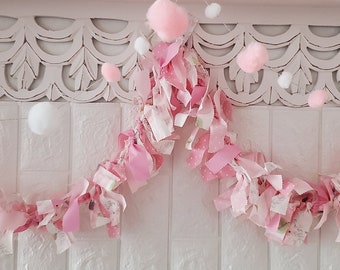 Blush Pink Ribbon Garland, Fabric Boho Chic Baby Shower Garland, Shabby ...