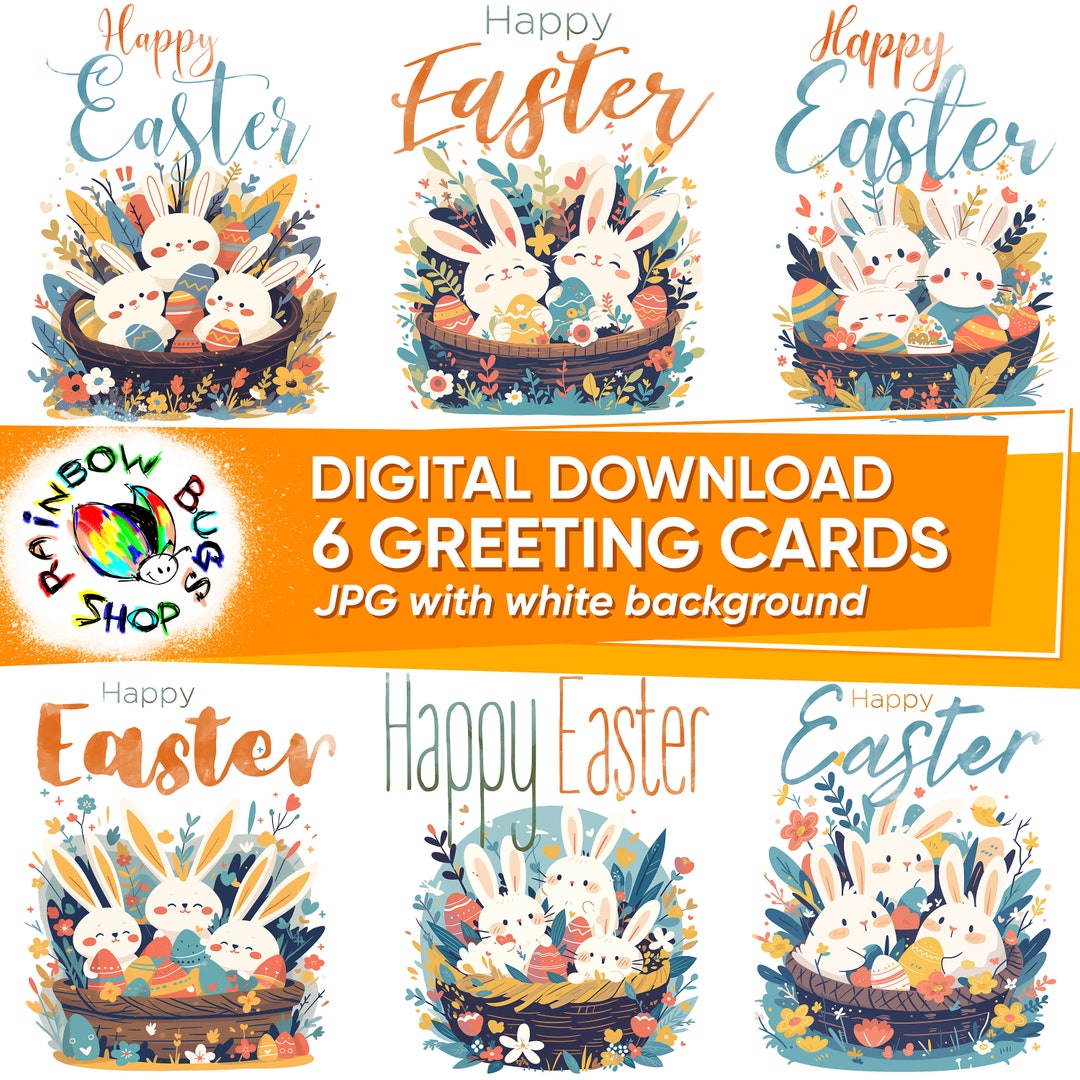 6 Happy Easter Greeting Cards With Easter Bunnies and Colorful Eggs ...