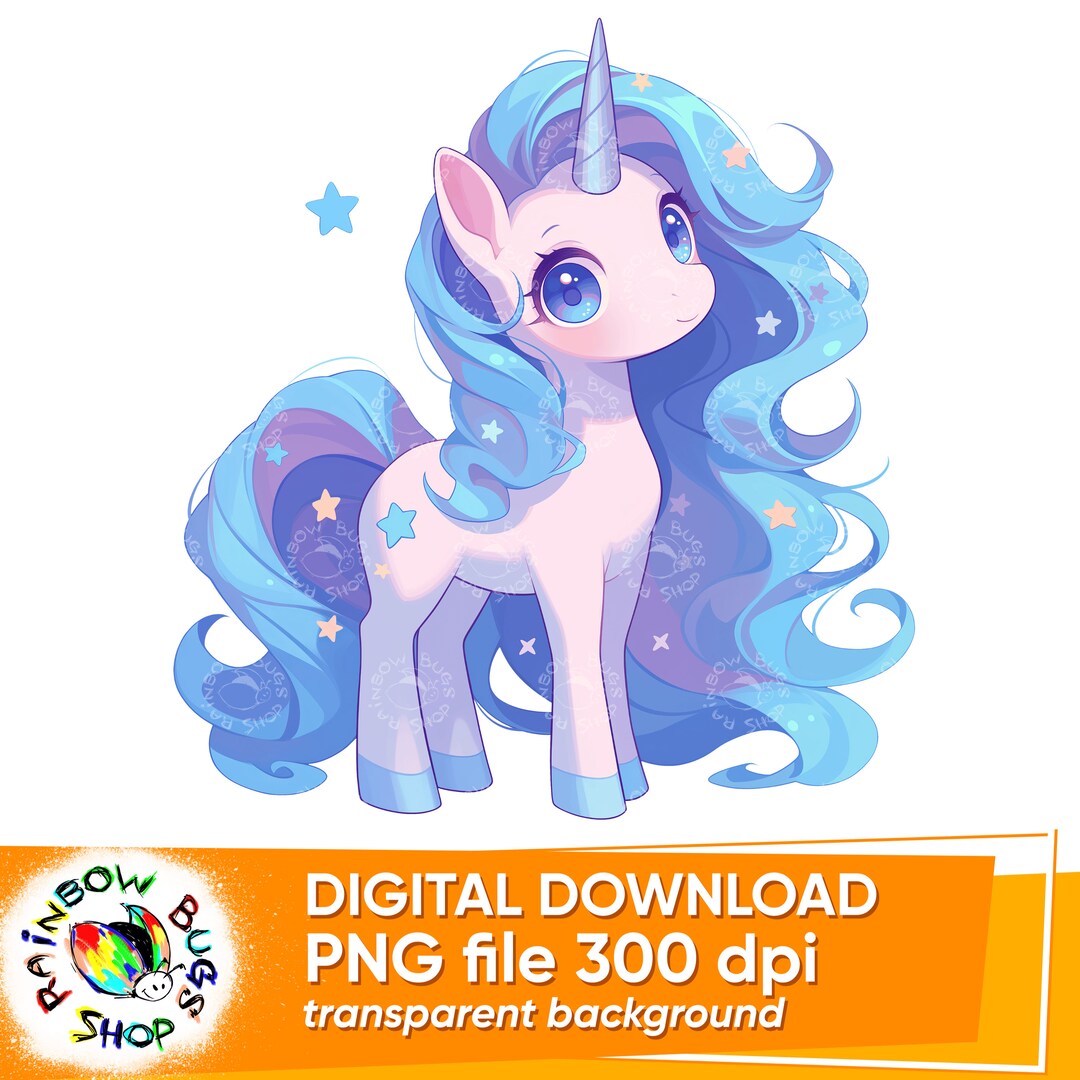 Blue Cute Kawaii Unicorn, PNG, Transparent Background, Instant Download ...