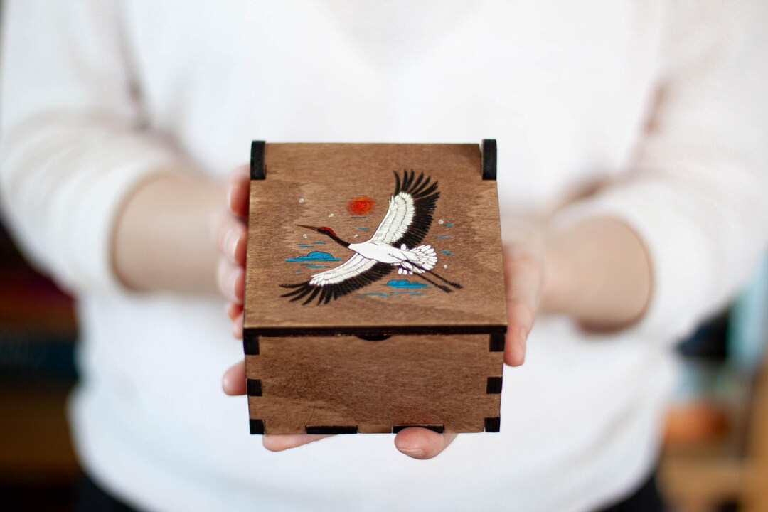 Asian Crane Wooden Box - Japandi Style Stash Box, Red-crowned Crane ...