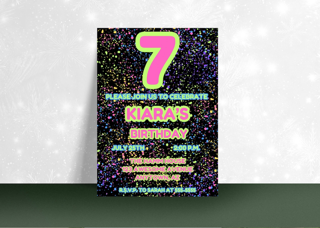 7th Birthday Paint Splatter Neon Invitation: Editable Canva Template ...