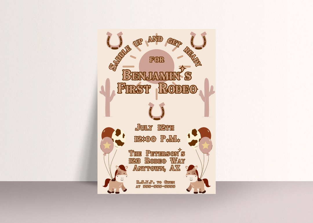 Invitación de cumpleaños de primer rodeo boho occidental, Plantilla de ...