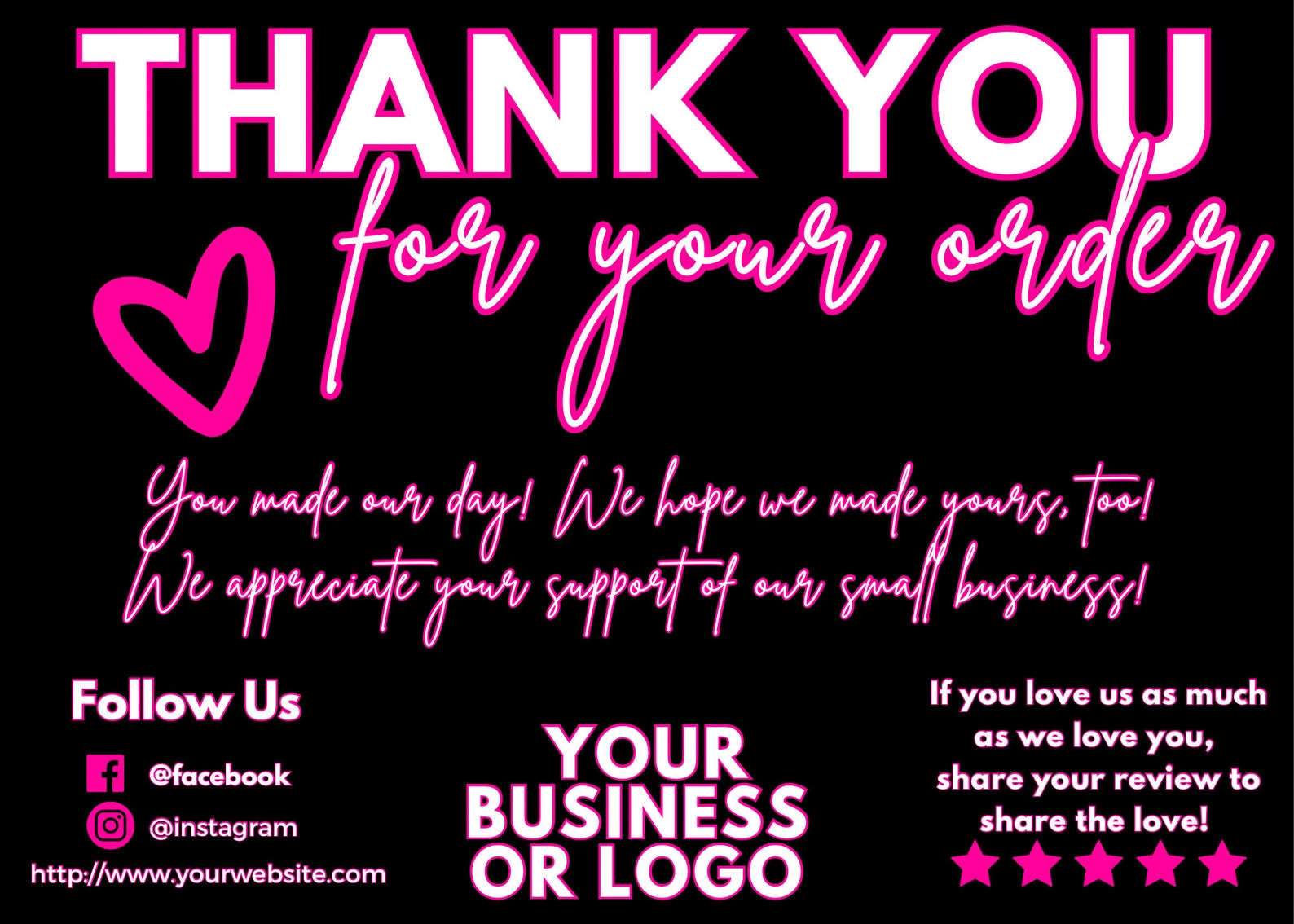 Thank You Order Insert Card: Editable Business Postcard (5x7) (digital ...