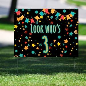 Look Who’s 3 Birthday Yard Sign | Boy Girl Digital 18” X 24” Printable ...
