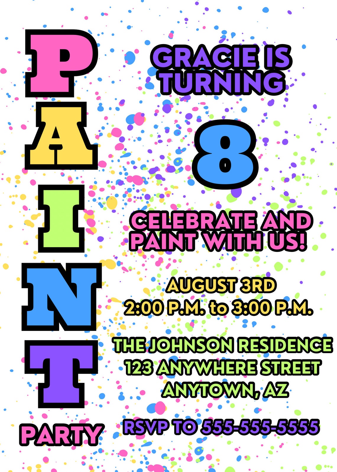 Neon Paint Party Splatter Birthday Invitation: Rainbow Editable ...