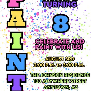 Neon Paint Party Splatter Birthday Invitation: Rainbow Editable ...