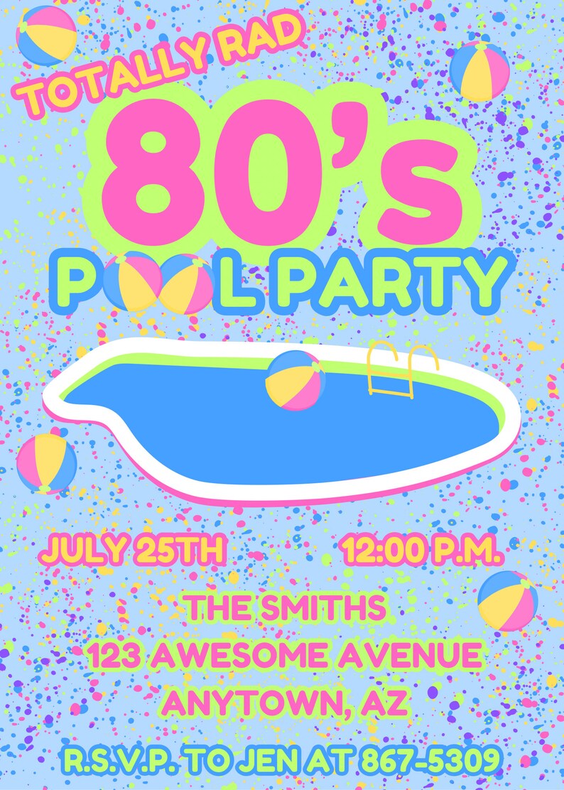 Totally Rad 80’s Pool Party Invitation | Swim Digital Editable Invite ...
