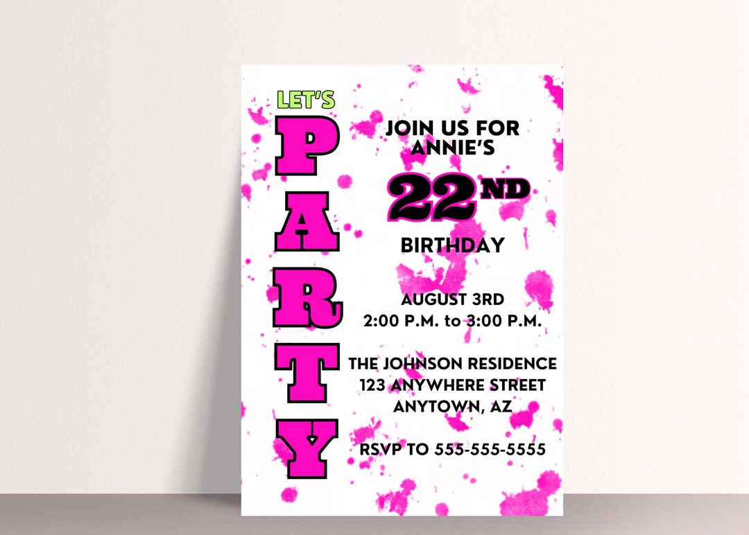Neon Paint Splatter Birthday Invitation: Editable Party Invite (digital ...