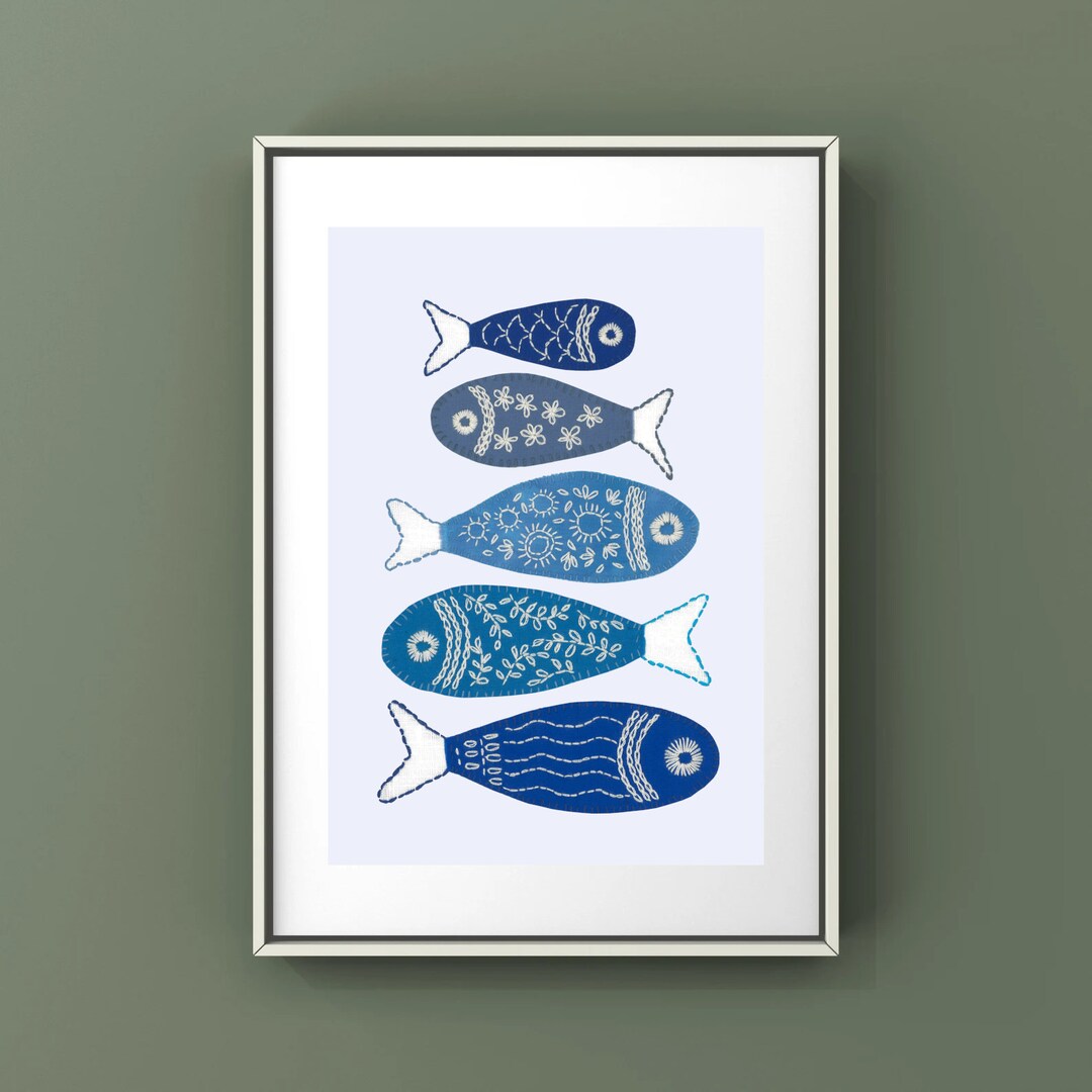 Embroidered Fish Print: Blue Giclée Wall Art - Etsy