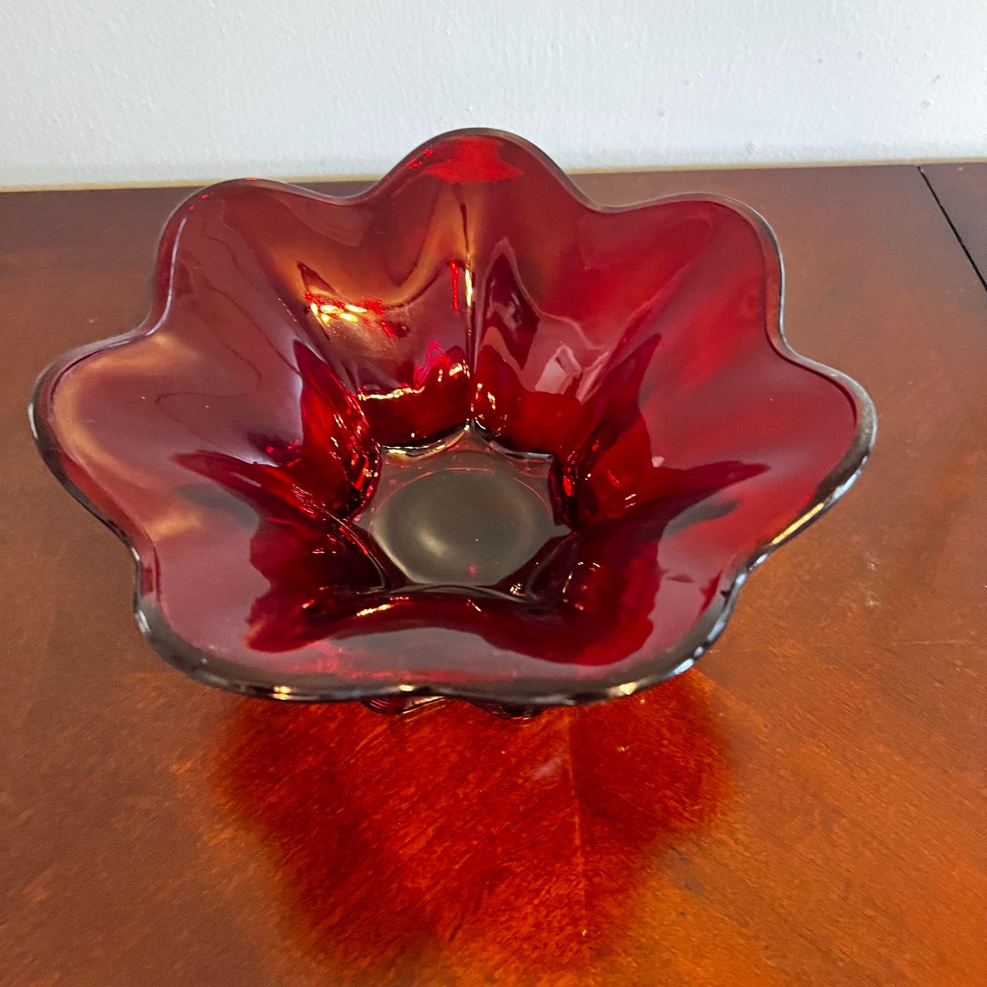 Vintage Ruby Red Heavy Glass Bowl With Ruffled Edge Decorative Piece ...
