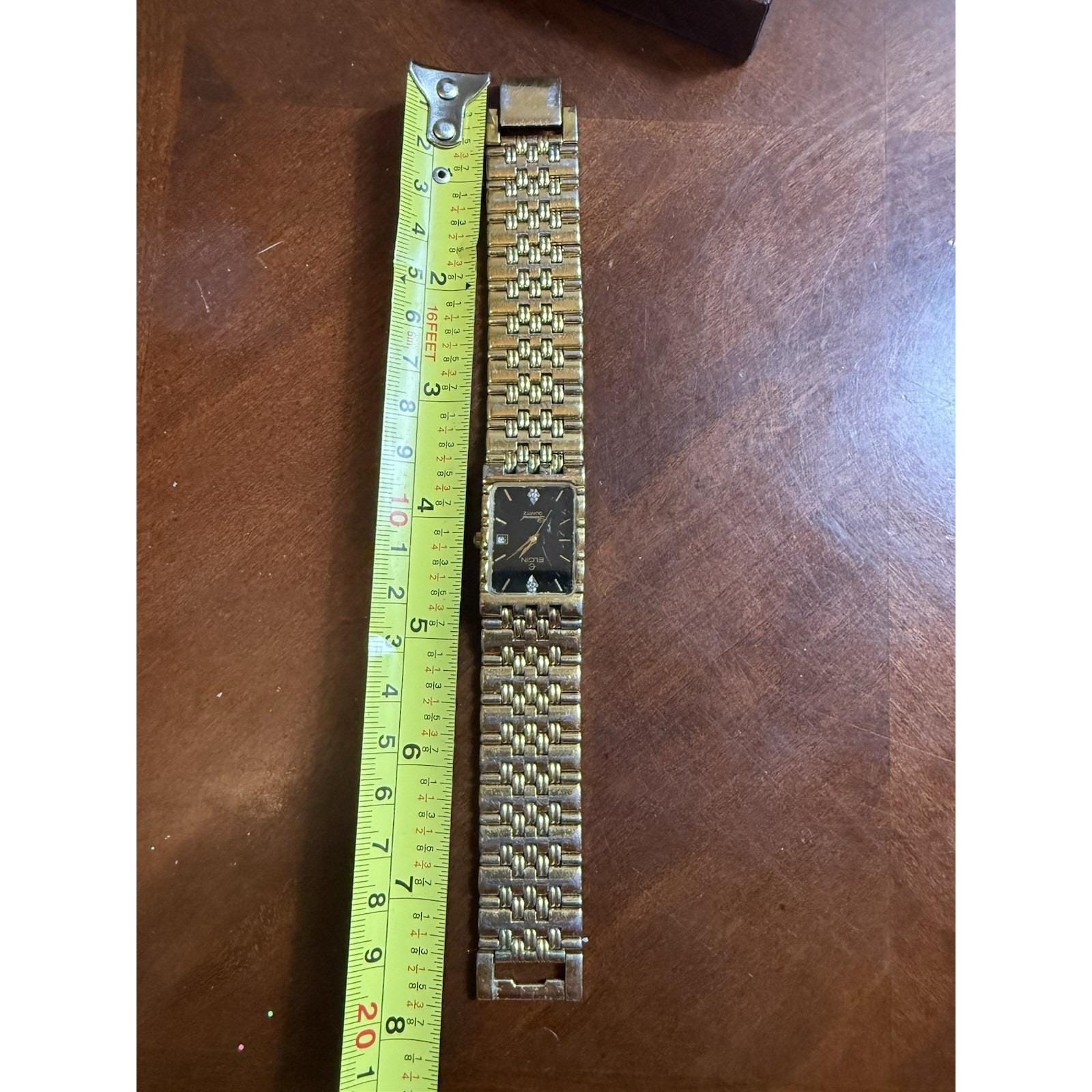 Vintage Elgin Diamond Quartz Black Dial Gold Tone Rectangular Dress ...