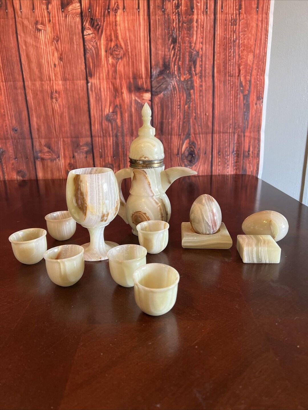 Vintage Onyx Stone Tea Set With Goblet Cups, Pitcher & Decorative Eggs ...