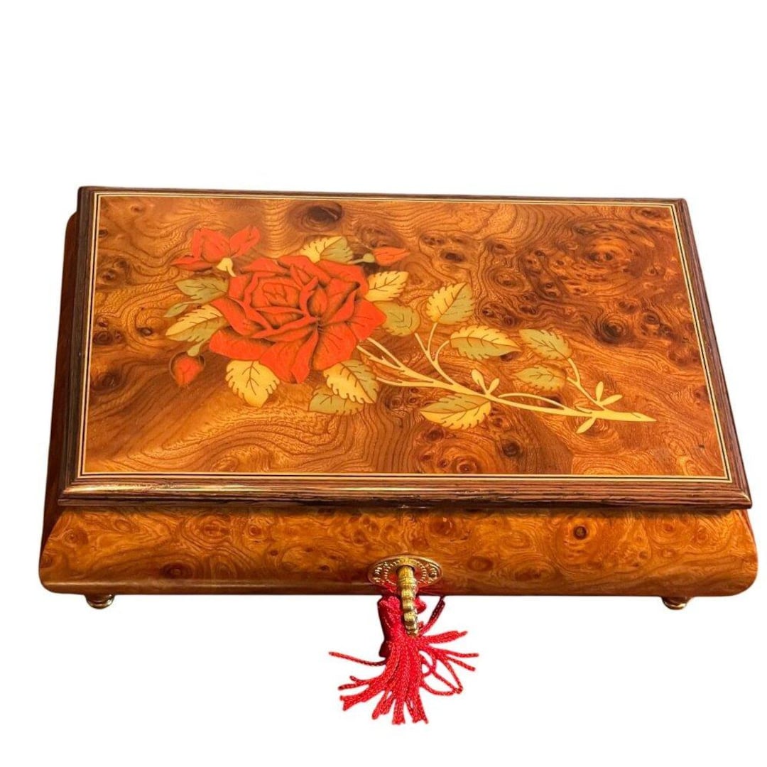 Vintage Reuge Romance Swiss Music Box Roses From the South Inlay Burl ...