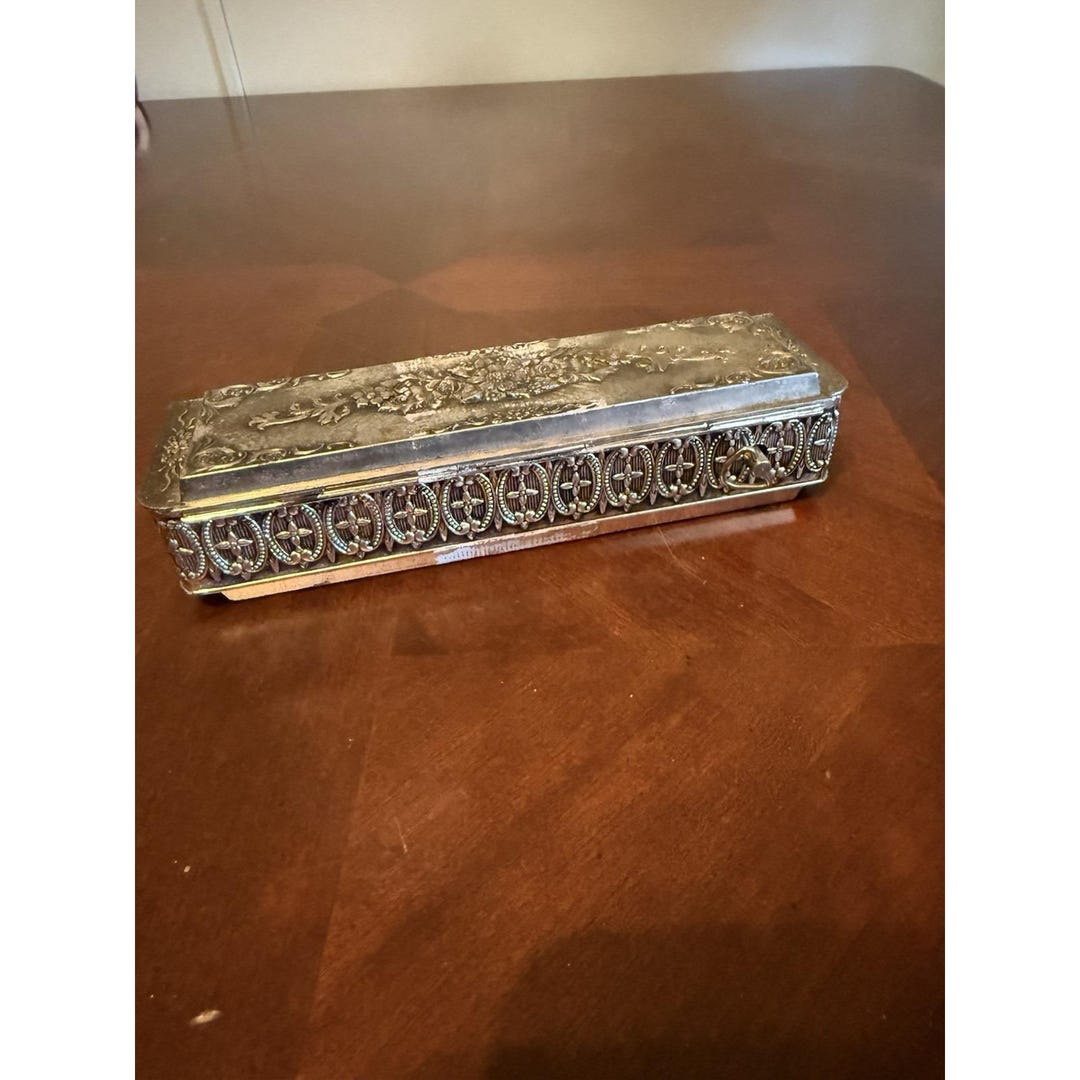 Vtg 50's Victorian Musical Silverplate Jewelry Trinket Box Red Velvet ...