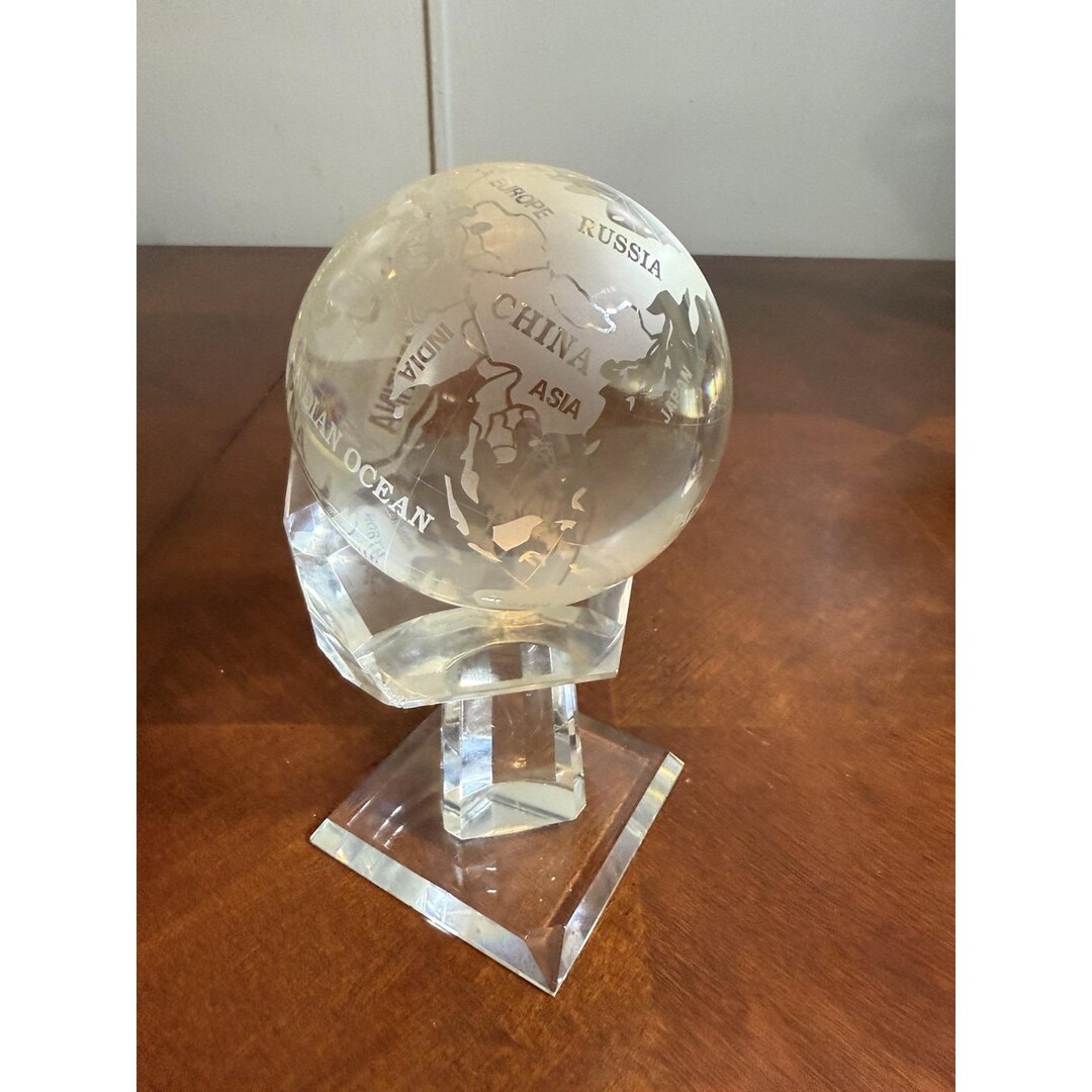 Vtg Etched Crystal Globe on Faceted Stand Removable Glass Earth World ...