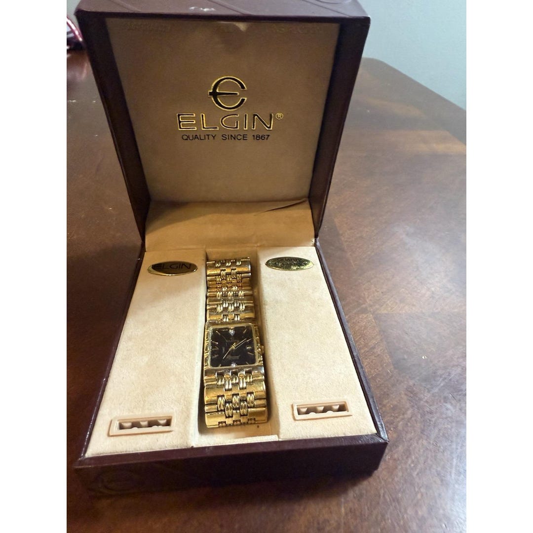 Vintage Elgin Diamond Quartz Black Dial Gold Tone Rectangular Dress ...