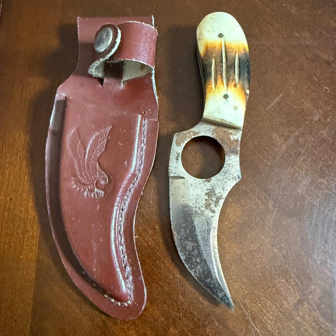 Vintage Pakistan Karambit Knife Bone Handle W/ Leather Sheath Eagle ...