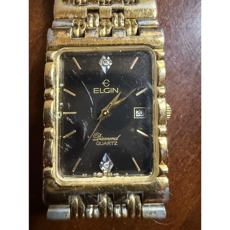 Vintage Elgin Diamond Quartz Black Dial Gold Tone Rectangular Dress ...