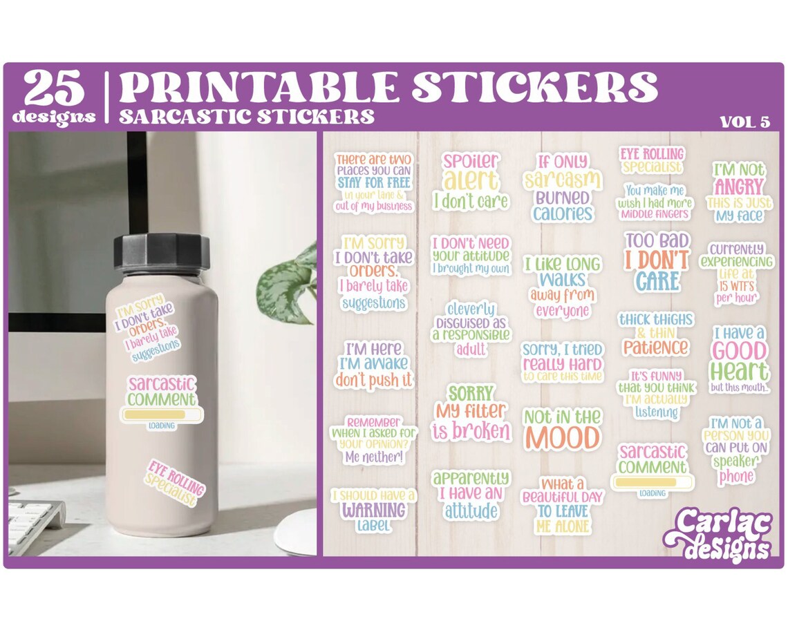 Sarcastic Printable Stickers Bundle | Funny Quotes, Snarky Sayings ...