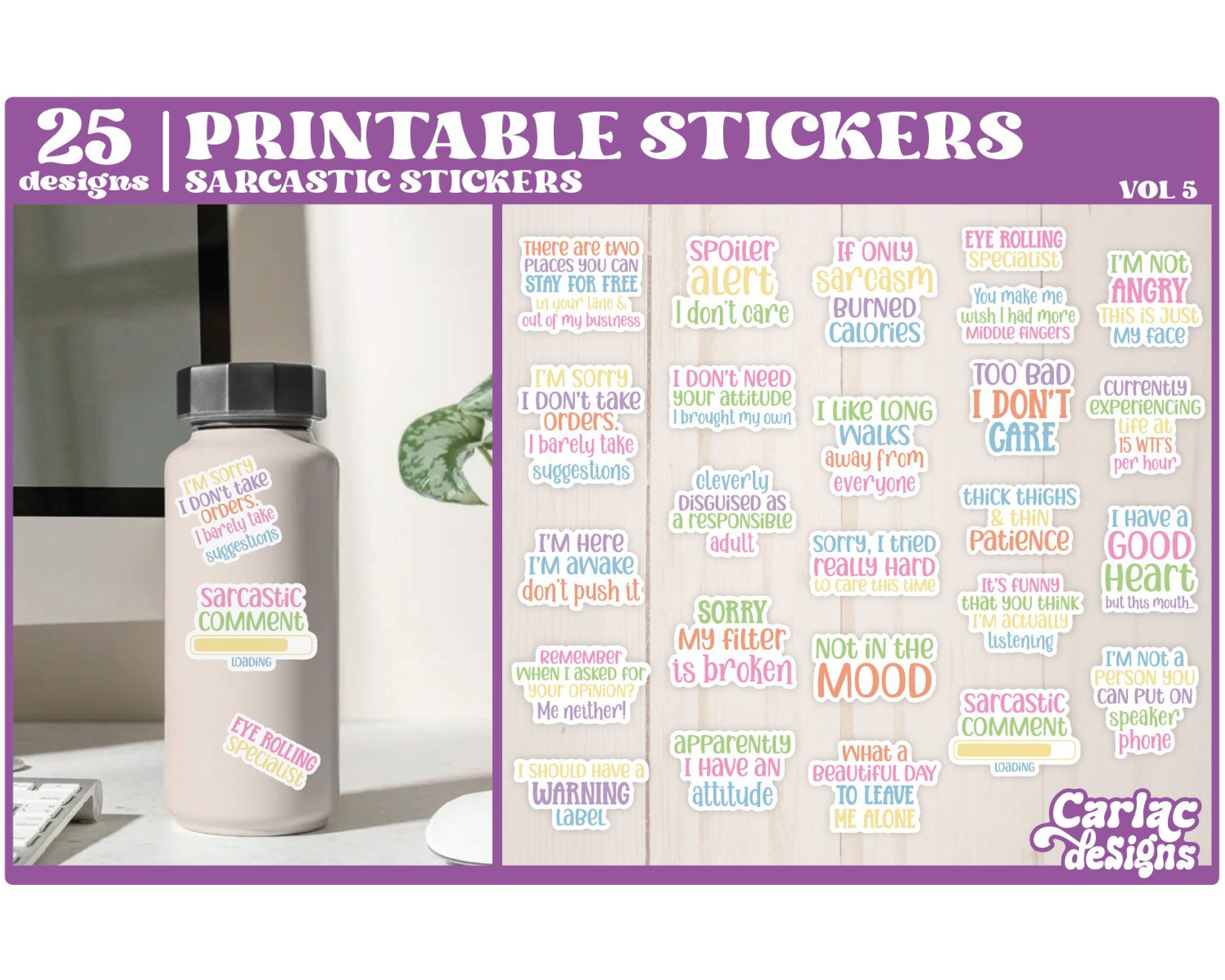 Sarcastic Printable Stickers Bundle | Funny Quotes, Snarky Sayings ...