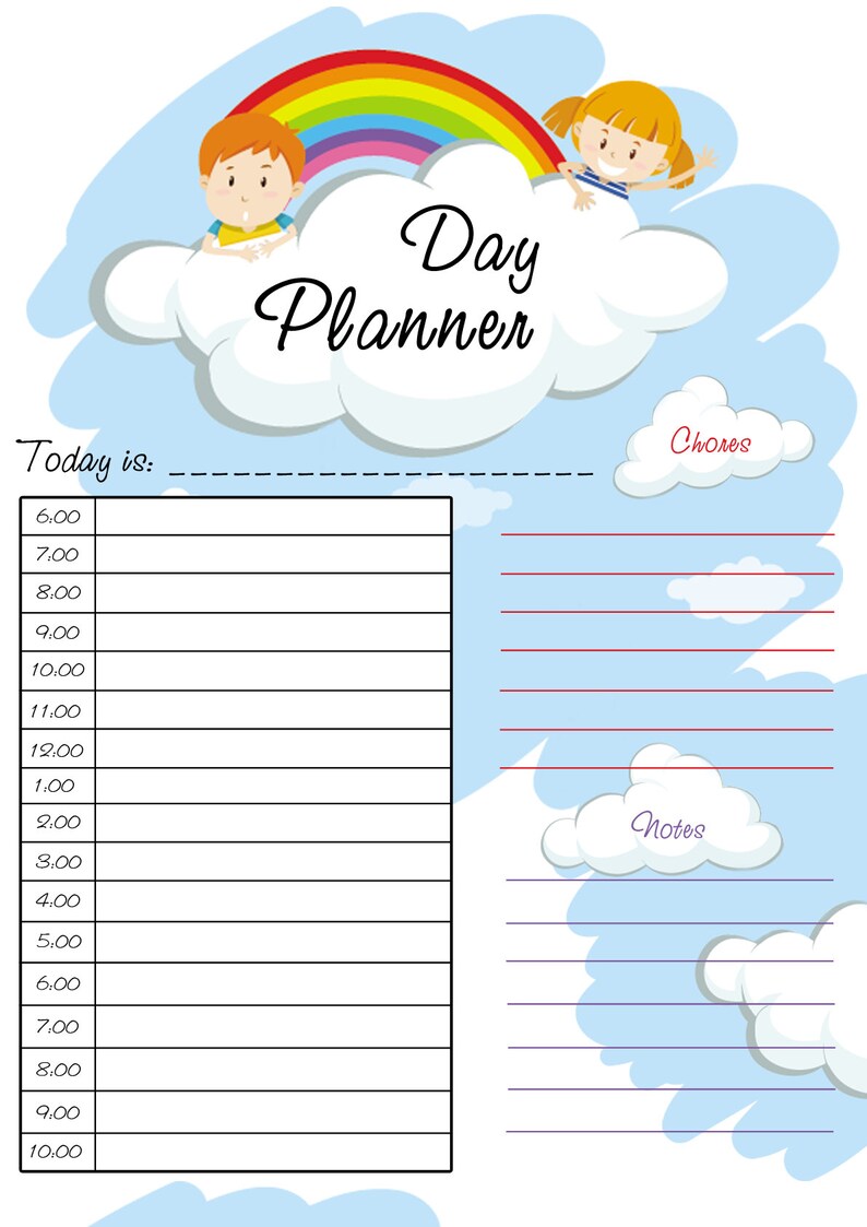 Kids Day Planner Children Day Schedule Kids Chore Chart Printable Blank ...