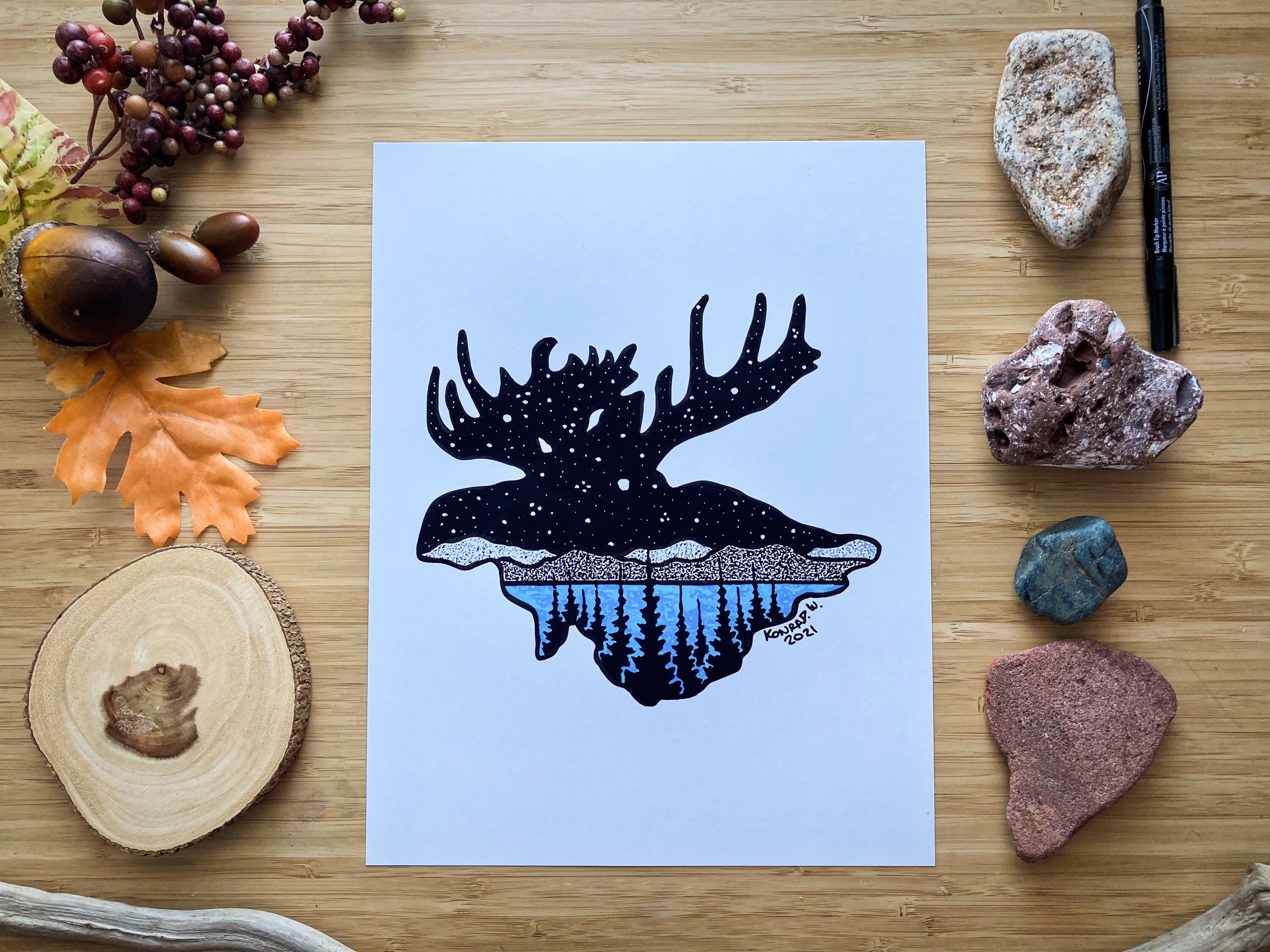 Moose Head With Night Sky Pen and Ink PRINT | Etsy