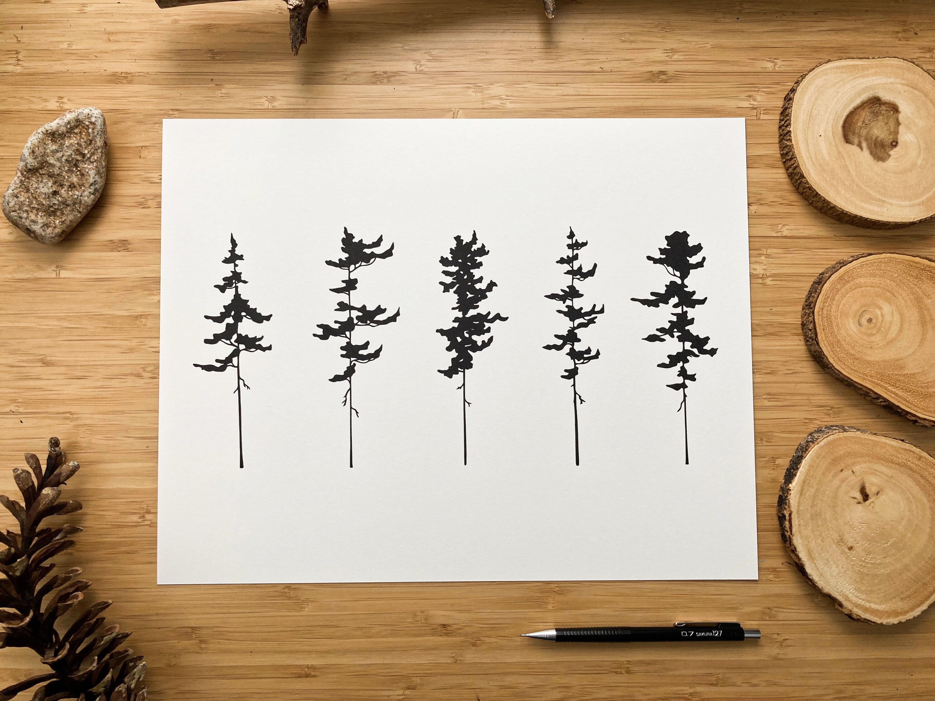 5 Pine Trees Pen and Ink PRINT | Etsy