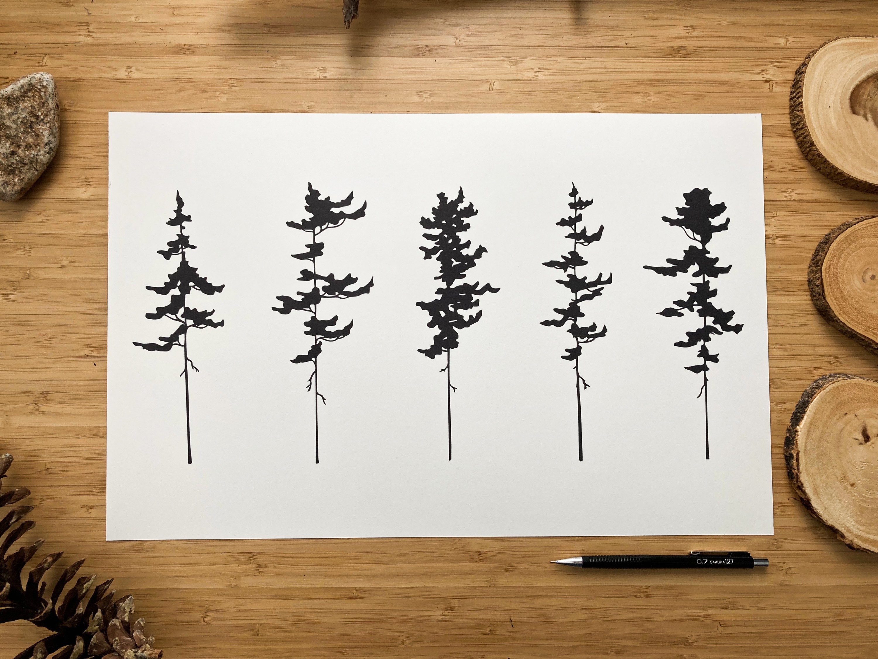 5 Pine Trees Pen and Ink PRINT | Etsy