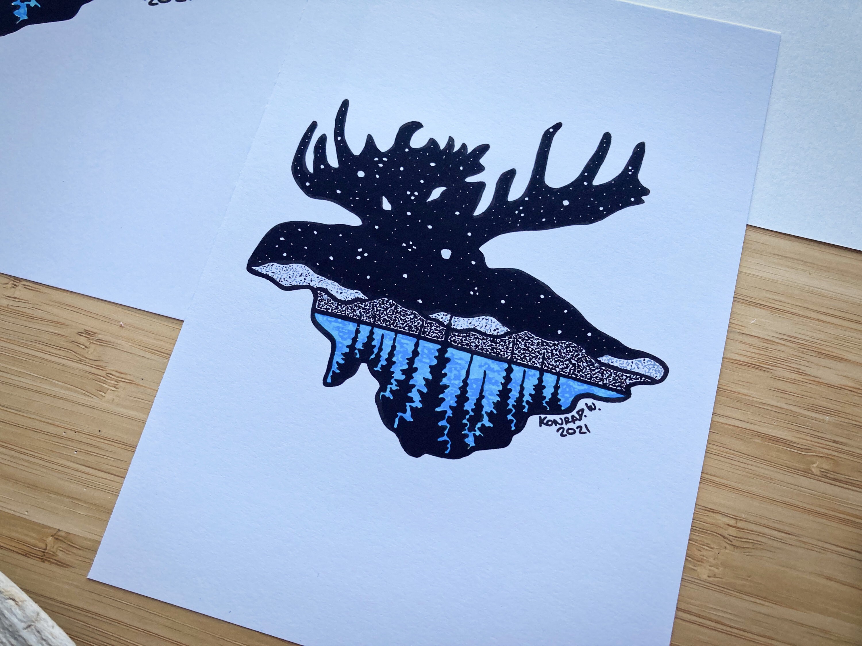Moose Head With Night Sky Pen and Ink PRINT | Etsy