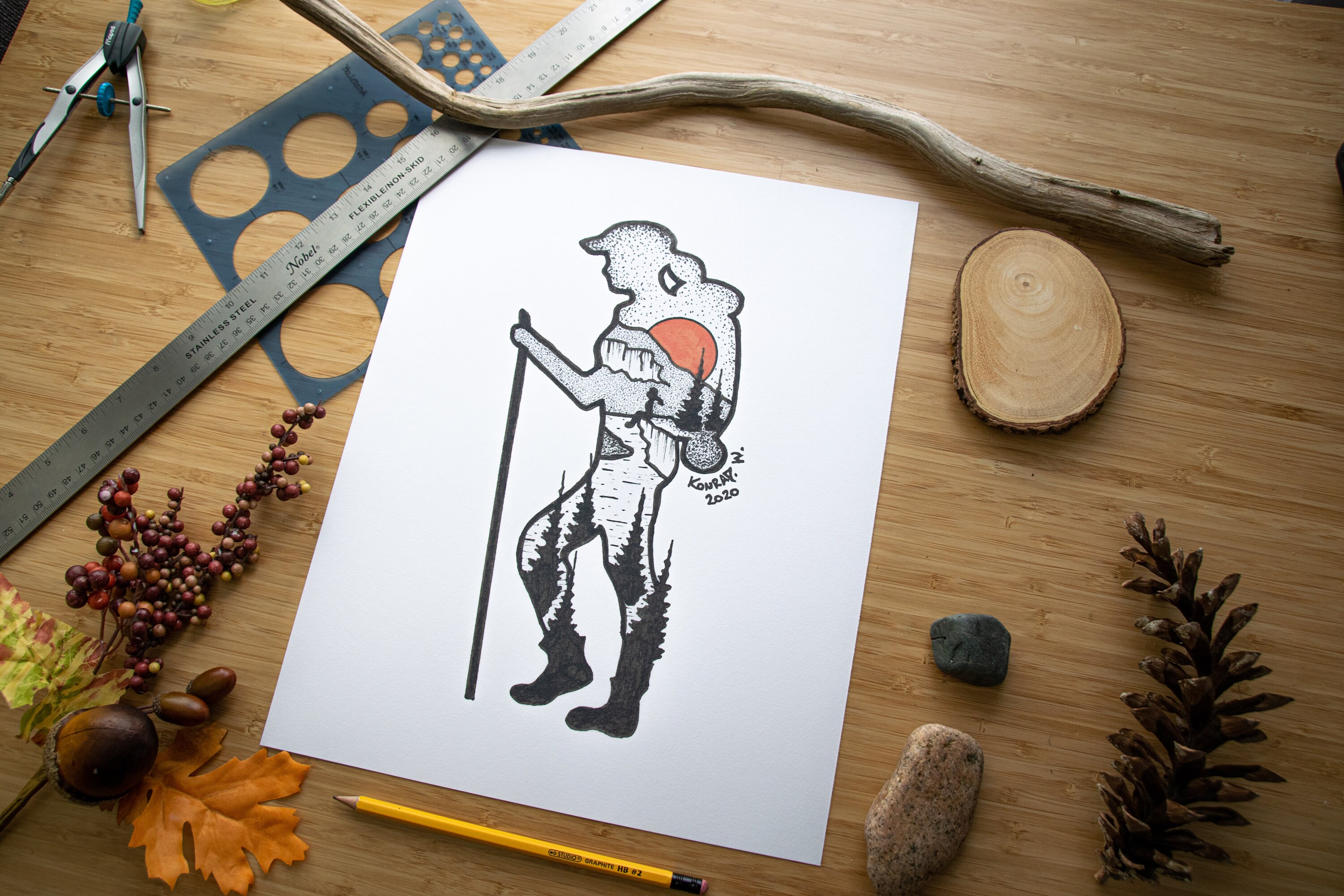 Hiking Girl Pen and Ink PRINT | Etsy