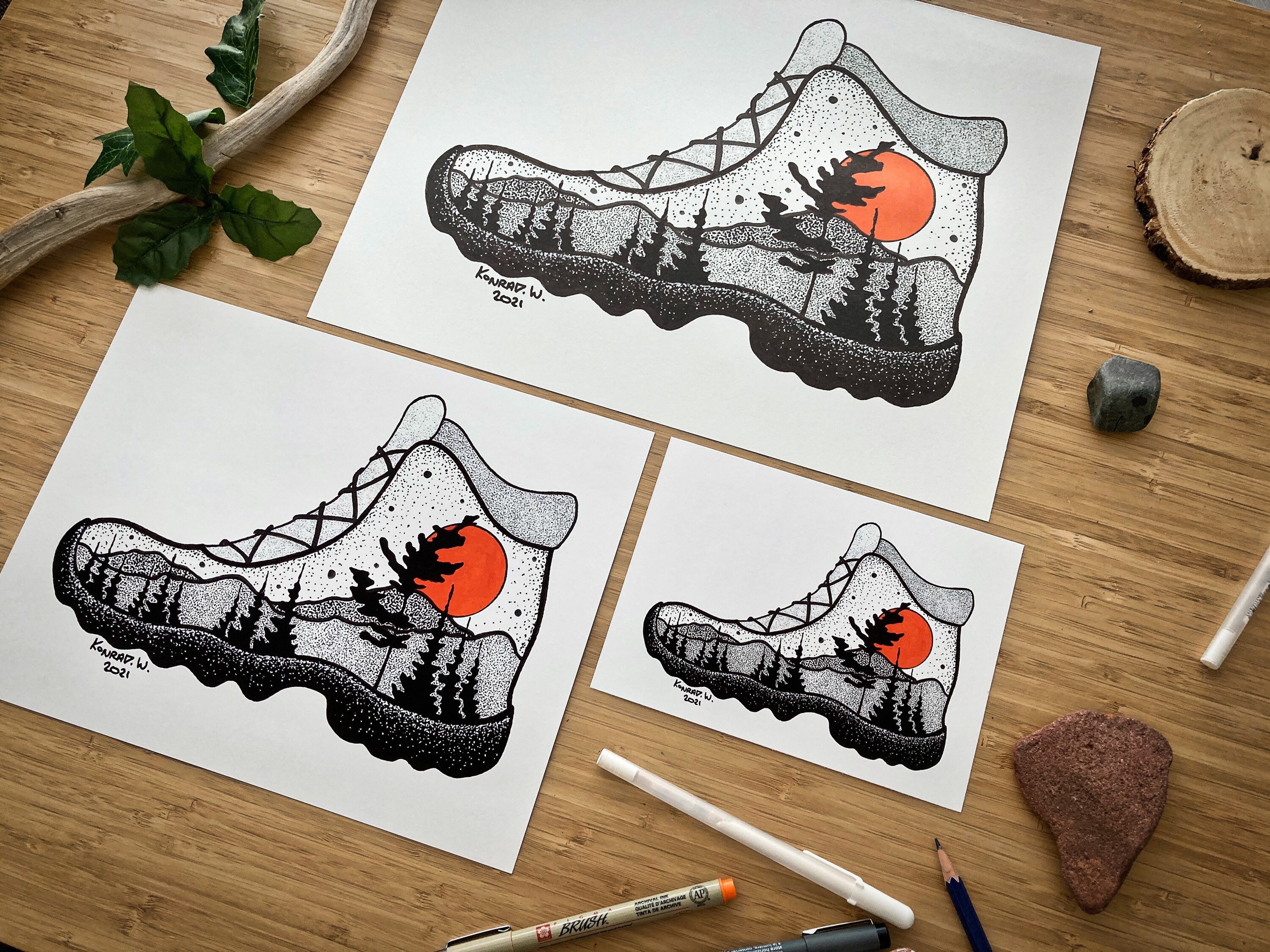 Hiking Boot Pen and Ink PRINT | Etsy