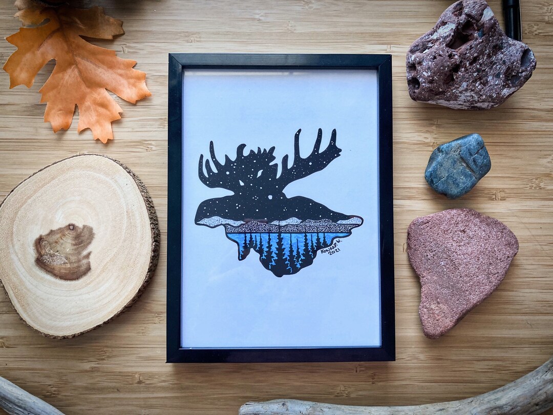 Moose Head With Night Sky - Pen and Ink PRINT - Etsy