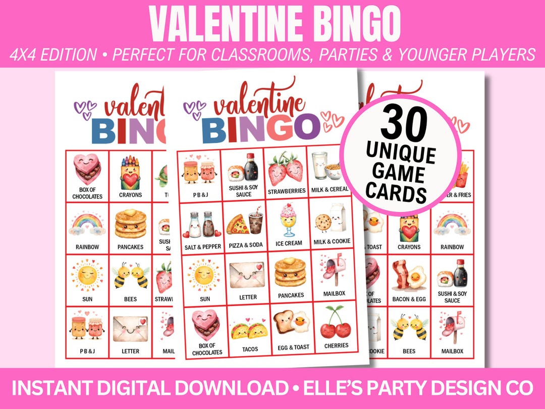 Valentine's Day Bingo Game | 30 Unique Cards, Classroom Party (digital ...