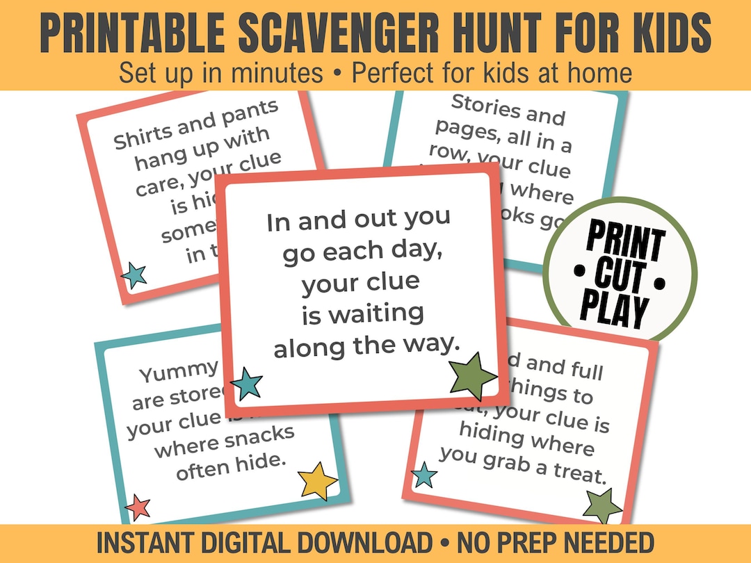 Printable Scavenger Hunt for Kids, Indoor Treasure Hunt, Boredom Buster ...