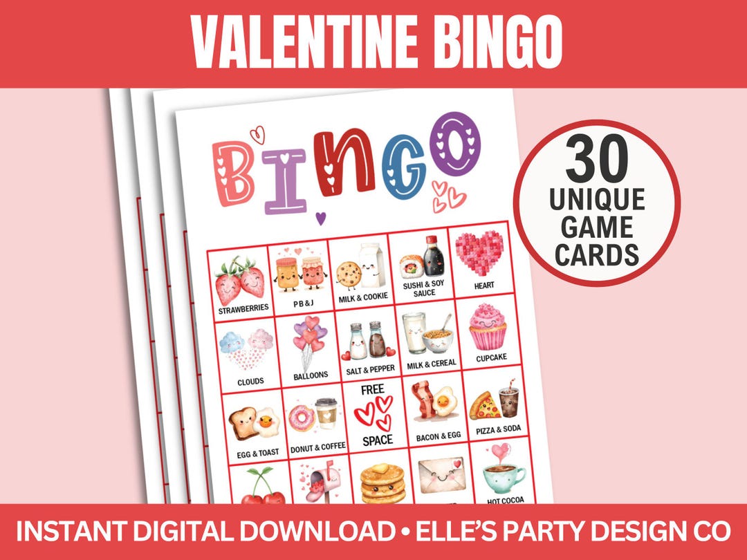 Valentine's Day Bingo Game, 30 Unique Cards (digital Download) - Etsy