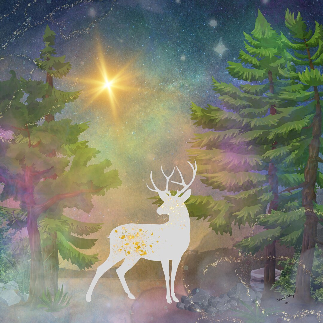 Digital Art: Flecked With Gold Mystical White Stag and Star - Etsy