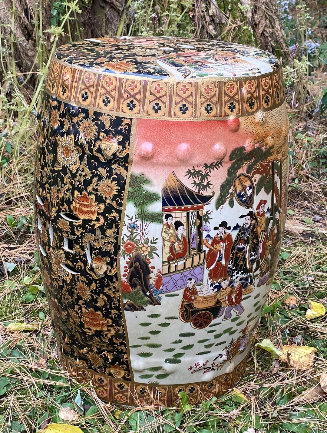 Satsuma Style Porcelain Ceramic 18” Garden Stool Seat Unsigned Numbered ...