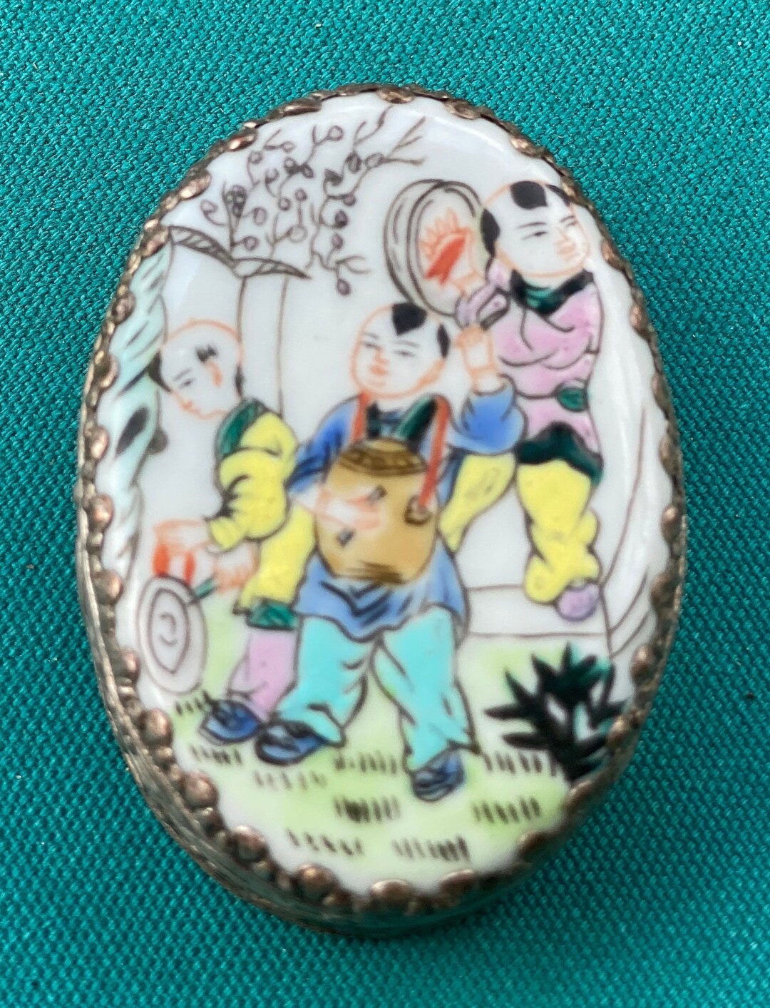 Vintage Chinese Shard Oval Porcelain Tile and Ornate Metal Lidded ...