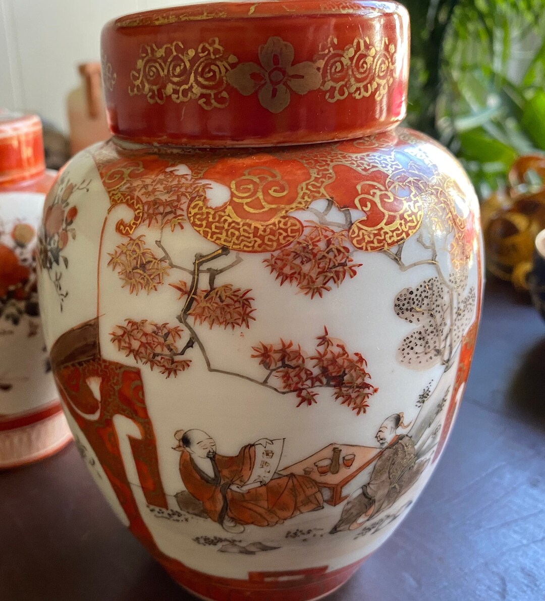 Antique Kutani Zo Meiji Ginger Jar W/ Cover Lid Marked Kutani Made japanese 2 Men Flowers Orange ...