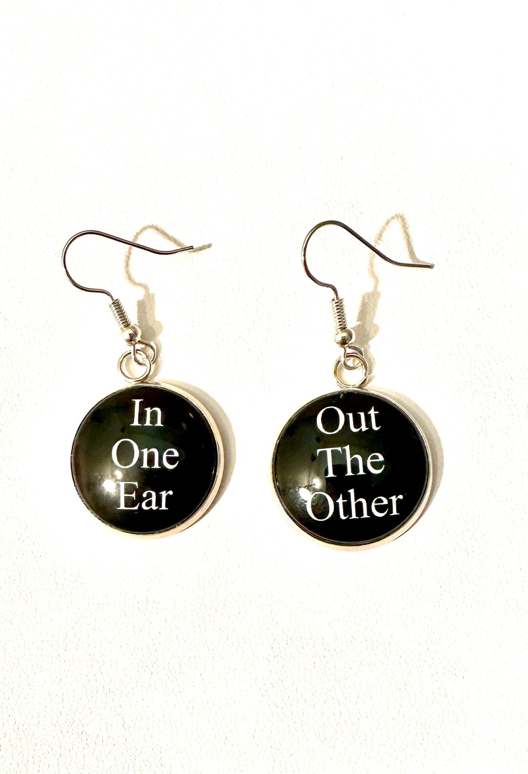In One Ear Out the Other Earrings, Black and White Lettered Earrings ...
