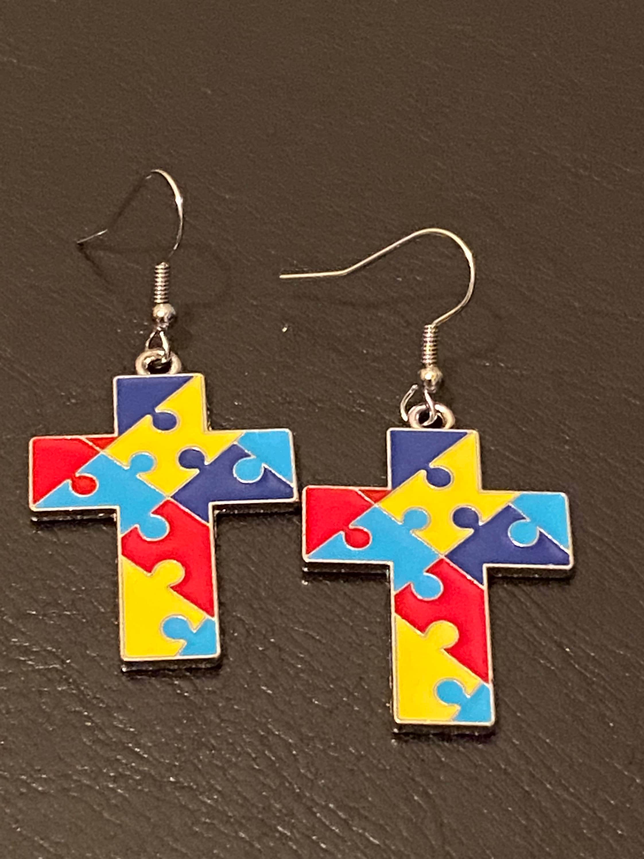 Autism Puzzle Piece Cross Earrings - Etsy