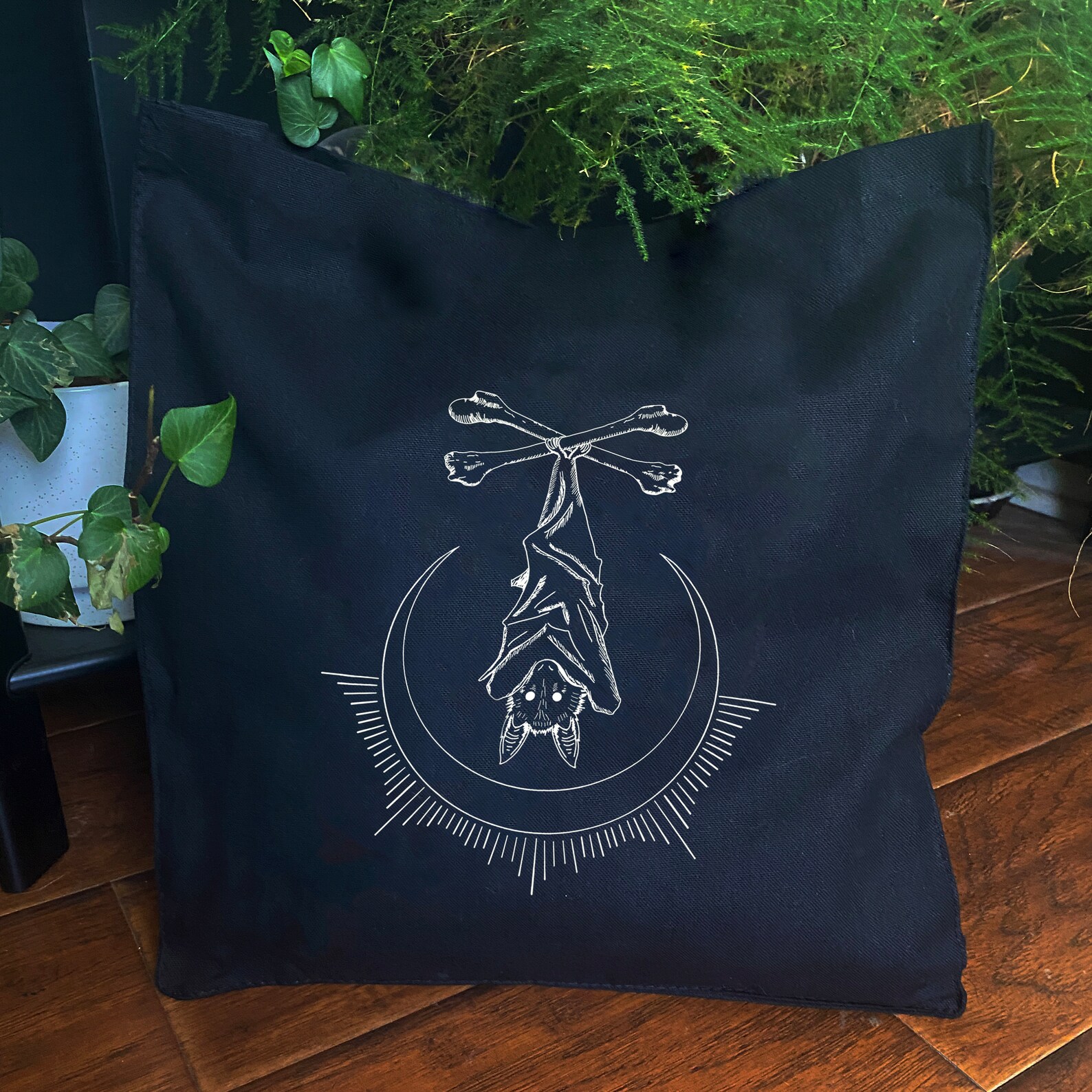 Bat With Crescent Moon and Bones High Quality Heavy Canvas Tote, Black ...