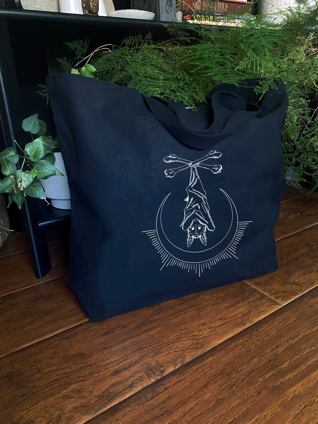 Bat With Crescent Moon and Bones Beach Bag, Large, Heavy Canvas Tote ...