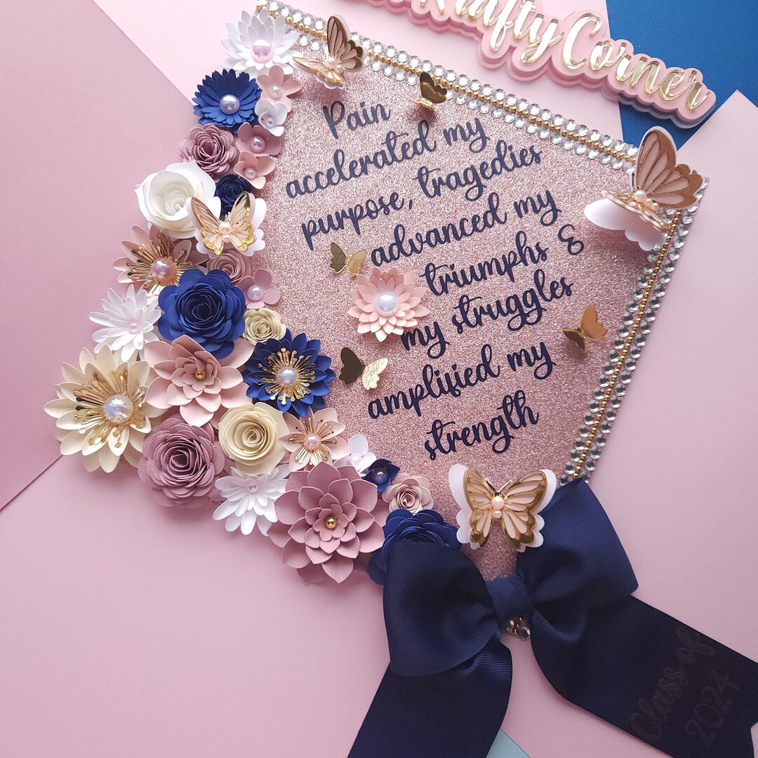 Pink and Navy Blue Graduation Cap Toppers/ Flower Graduation Cap ...
